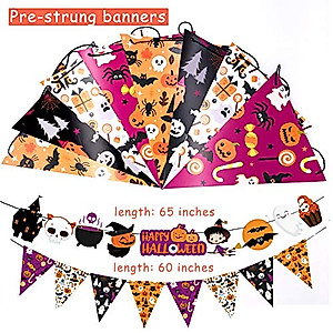 2023 Halloween Banner Party Decoration（Pre-Assembled）Cute Halloween Garland Bunting Banner Triangle Flag with Foil Swirl Ceiling Hanging Cards, Pumpkin Ghost Witches Bat Spider Skull Sticker