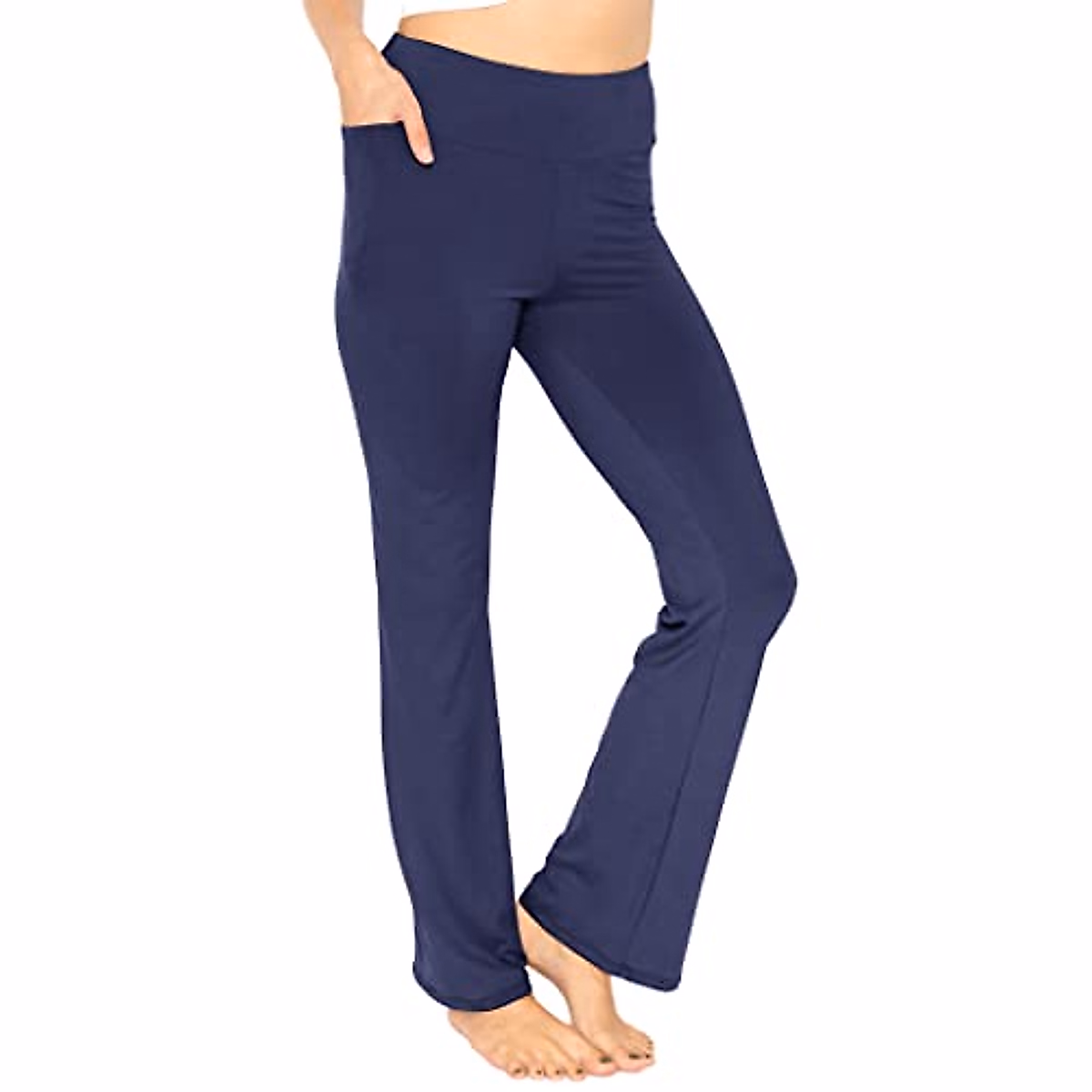 STRETCH IS COMFORT Women's DTY High Waist Bootcut Yoga Pants with Pockets Navy Blue Small