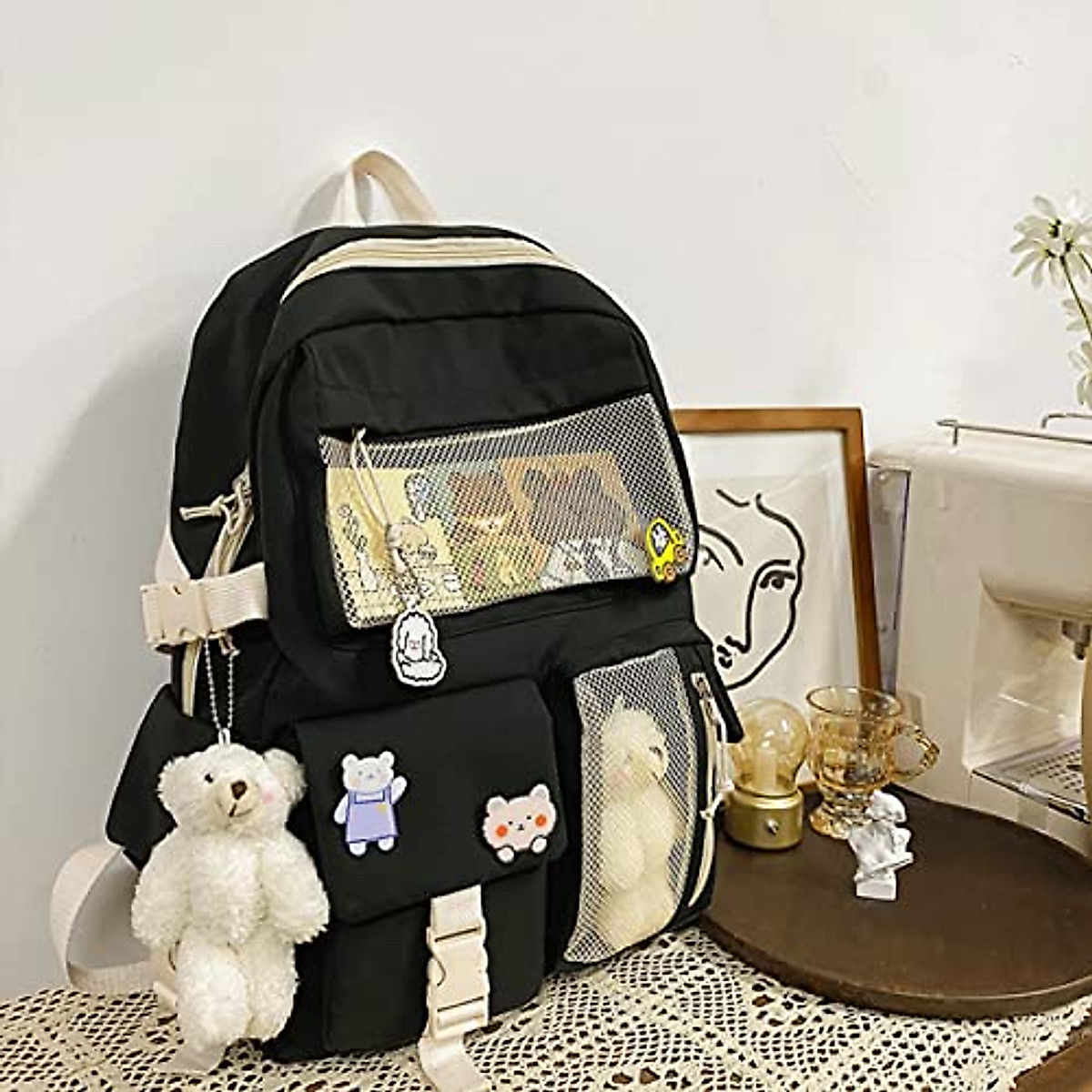 Eagerrich Kawaii Backpack with Cute Pin Accessories Plush Pendant for School Bag Student Girl Backpack Super-Capacity Waterproof Travel Backpack(Black)