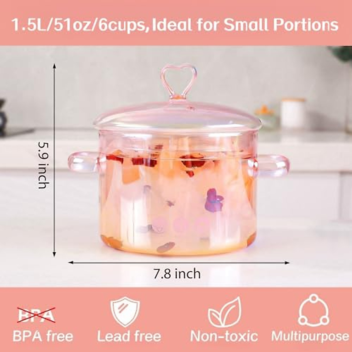 1.5L/51oz/6cups, Pink Glass Pots for Cooking on Stove Glass Pot with Lid Glass Pots for Cooking Glass Cooking Pot Heat Resistant Glass Saucepan Simmering Cooking Pasta Vegetable Soup Salad