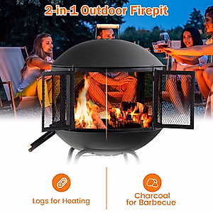 Giantex 28" Portable Fire Pit on Wheels, Outdoor Mobile Wood Burning Firepit w/Log Grate, Fire Poker, Heavy-Duty Steel Frame & Solid Metal Top, 2-Door Gate, Rolling Fire Pits for Entertaining Camping