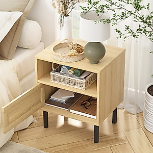 Rattan Nightstands Set of 2, Boho Night Stand with 1 Door, Accent End Table, Wood Bediside Table with Metal Legs&Open Shelf, Natural Wood