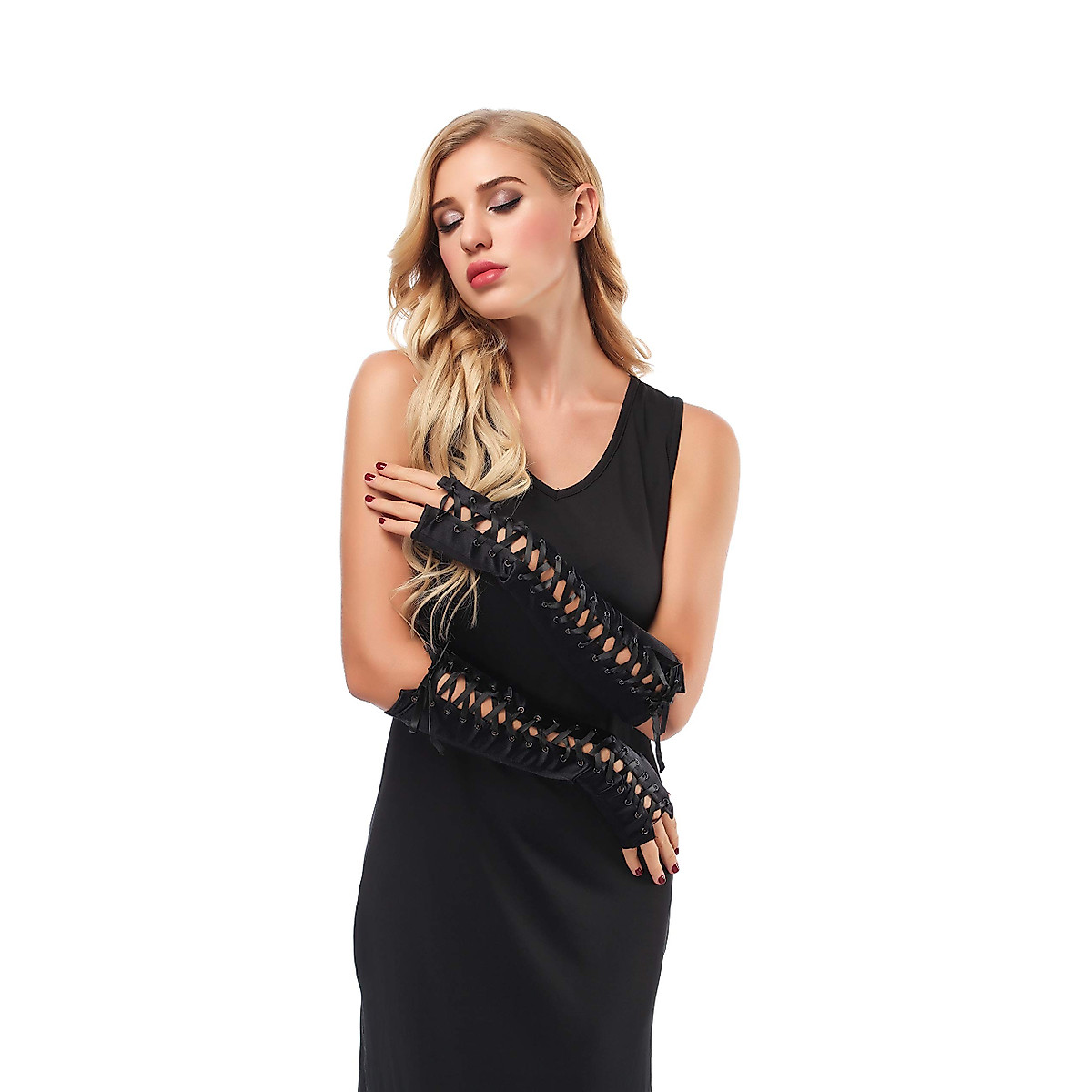 JISEN Womens Full Length Fingerless Lace Up Arm Warmer Satin Gloves Black