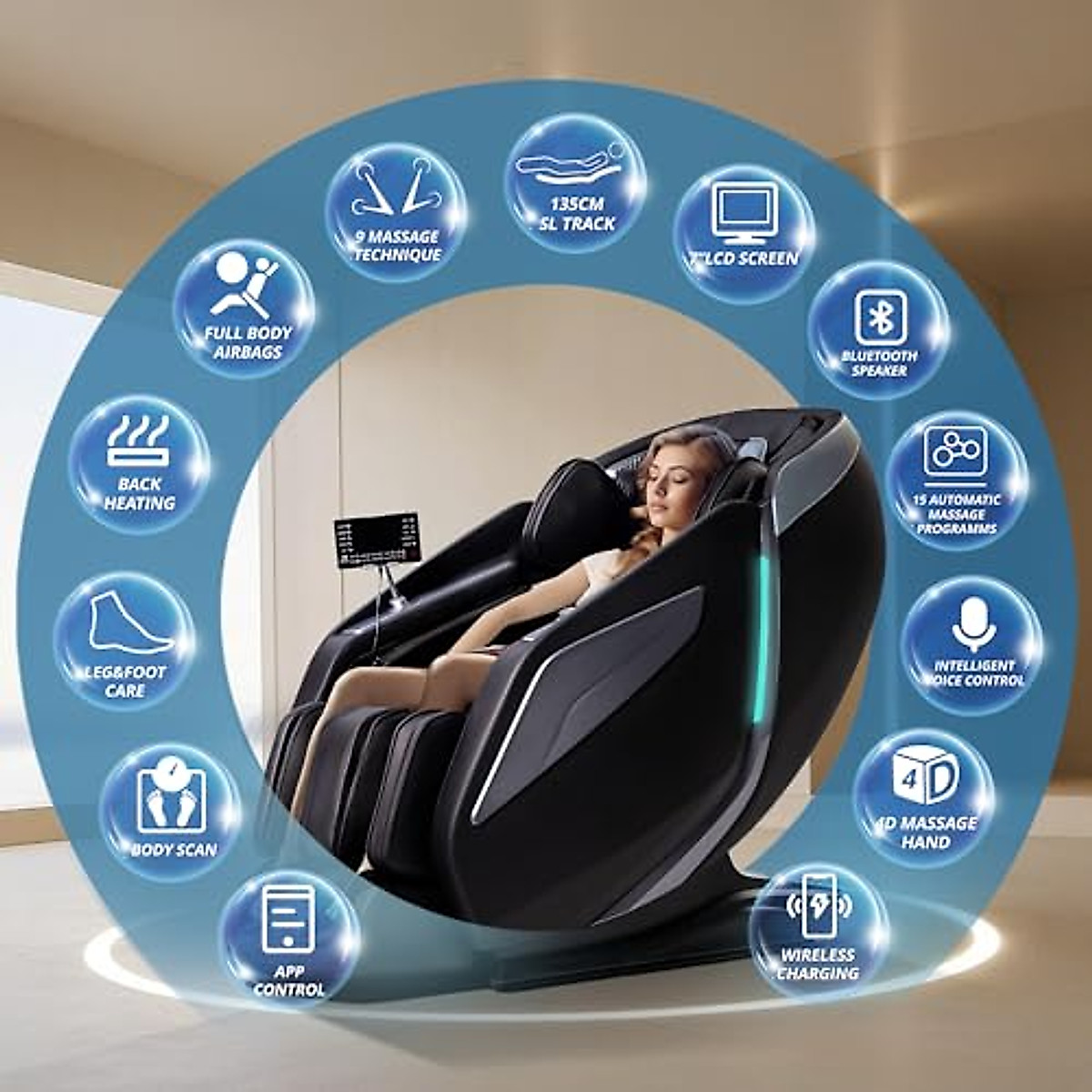 HealthRelife 4D Massage Chair Full Body Zero Gravity Full Body SL Track Intelligent Voice Control Bluetooth Speaker with Heated, Black