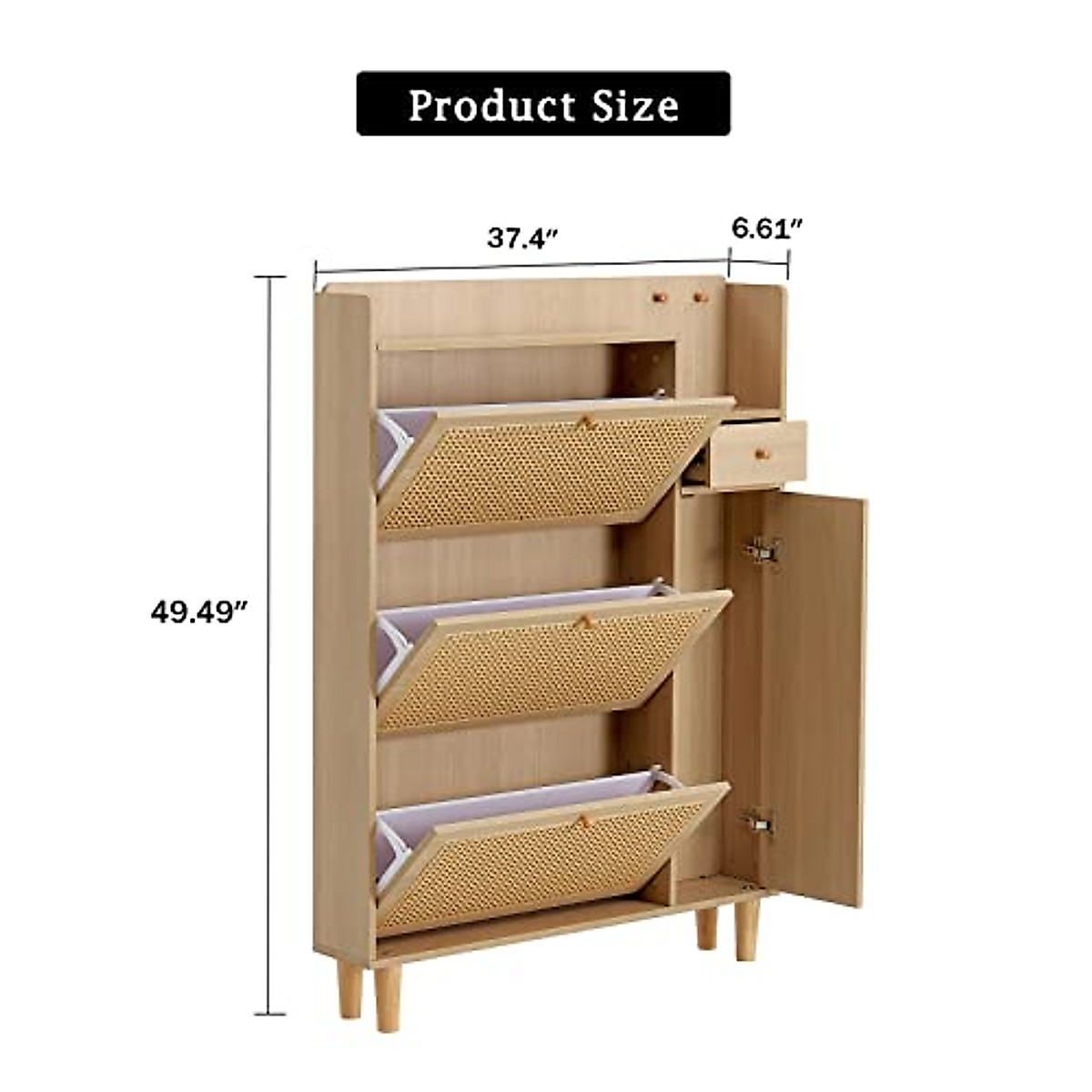 Wekity Shoe Storage Cabinet, Slim Shoe Cabinet for Entryway with 3-Tier Narrow & Storage Drawer, Rattan Shoe Cabinet with Door, Free Standing Wooden Shoe Cabinet for Entryway Hallway Doorway