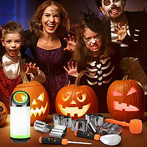 HAUSHOF 24PCS Halloween Pumpkin Carving Kit, Safe and Easy Pumpkin Carving Tools, Stainless Steel Pumpkin Carving Stencils for Halloween Jack-O-Lanterns, With Hammer & Camping Lantern