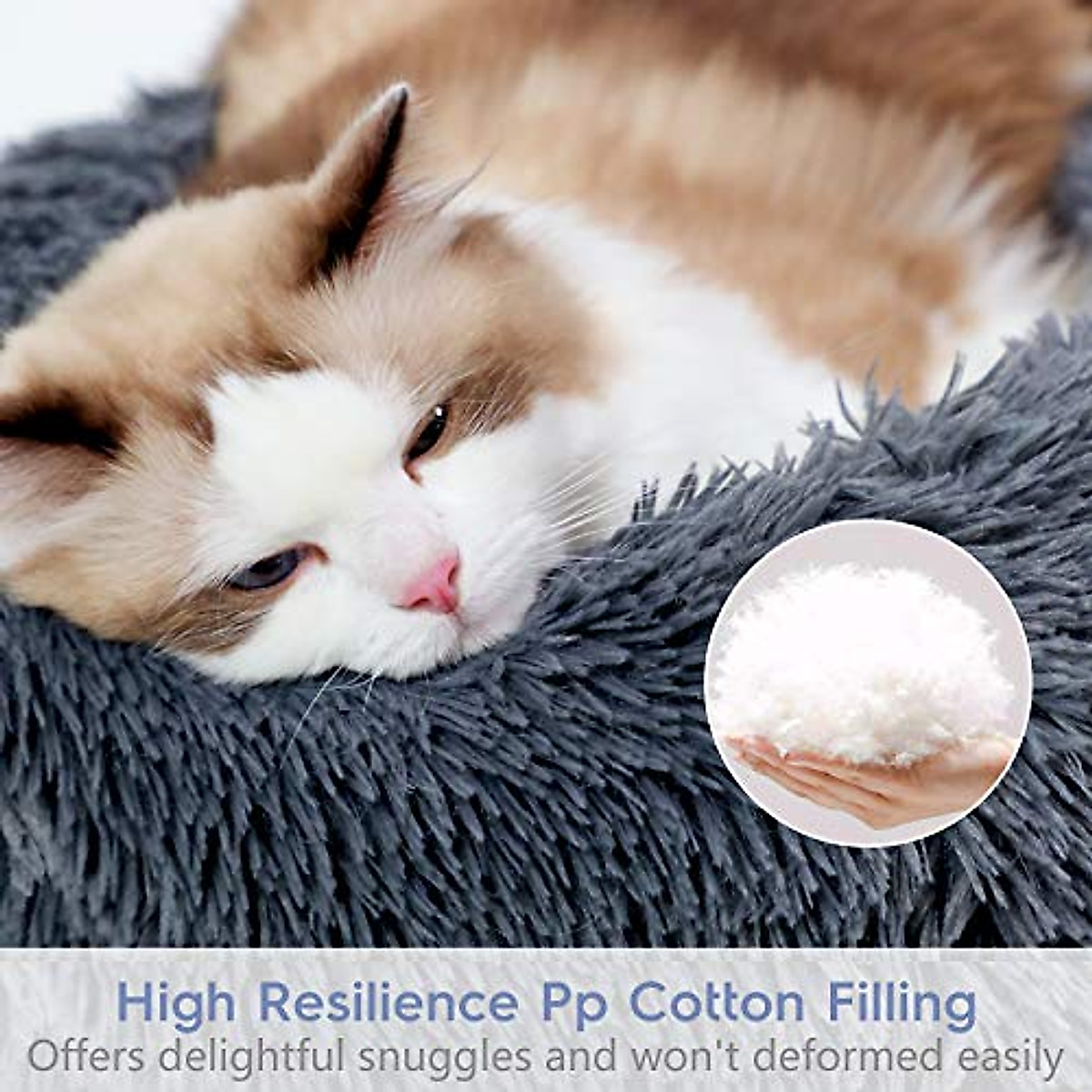 rabbitgoo Cat Beds for Indoor Cats, 20 inches Cat Bed Machine Washable, Fluffy Round Pet Bed Non-Slip, Calming Soft Plush Donut Cuddler Cushion Self Warming for Small Dogs Kittens, Dark Grey, Medium
