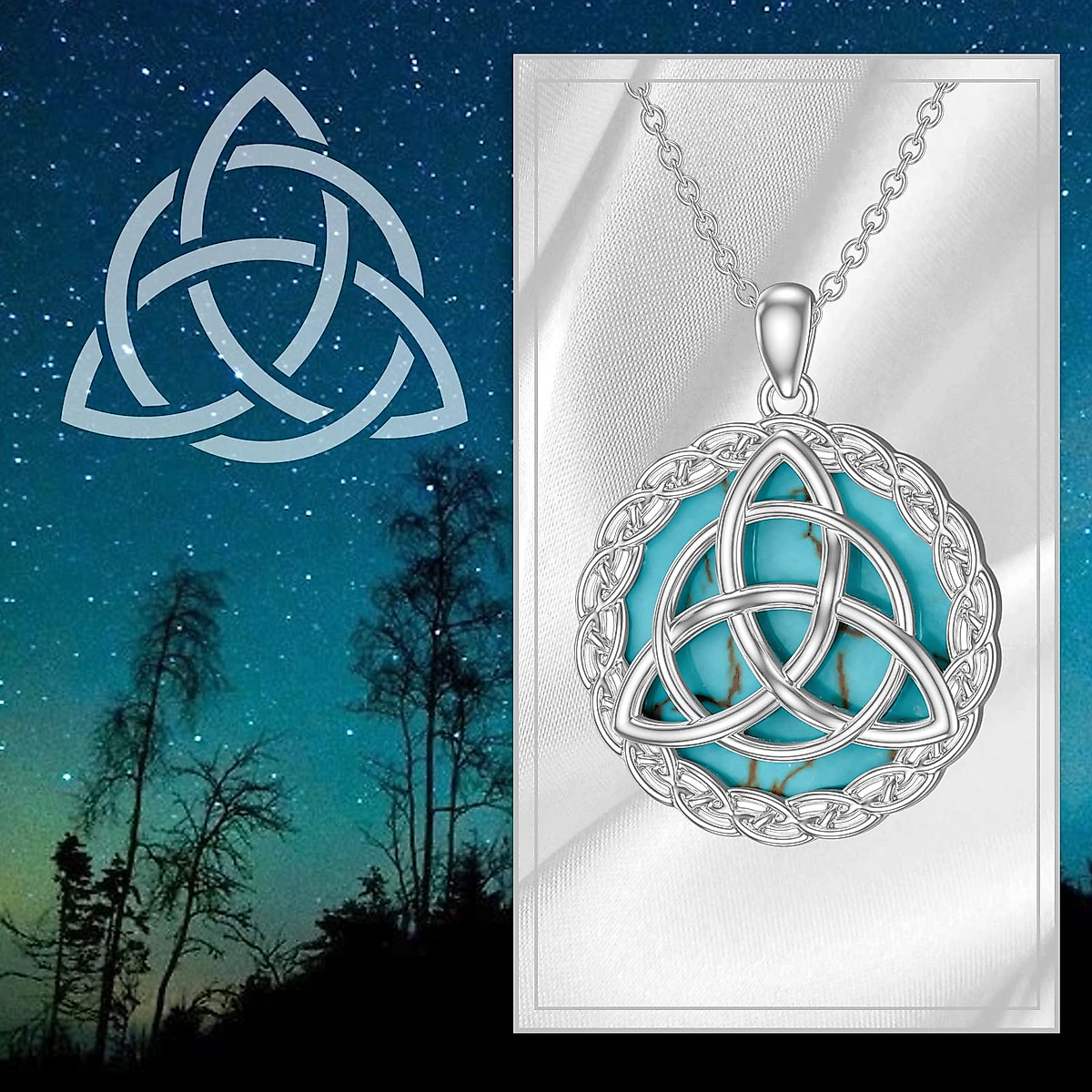 BETHZA Celtic Necklace 925 Sterling Silver Genuine Turquoise Trinity Knot Pendant Good Luck Irish Jewelry Gift for Women Christmas St. Patrick's Day