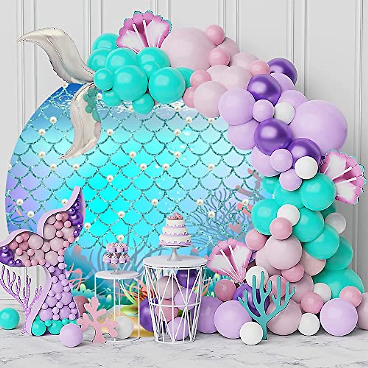 Mermaid Round Backdrop Cover 7ft Under The Sea Glittering Mermaid Birthday Backdrop Underwater Round Backdrop Cover Girls Princess Birthday Party Baby Shower Gender Reveal Photo Background Decor