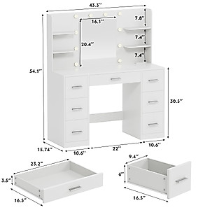 VICTONE Vanity Desk with LED Lighted Mirror&Power Outlet, 3 Model Lights Makeup Vanity Table with 7 Drawers and 6 Storage Shelves for Bedroom and Dressing Room (White)