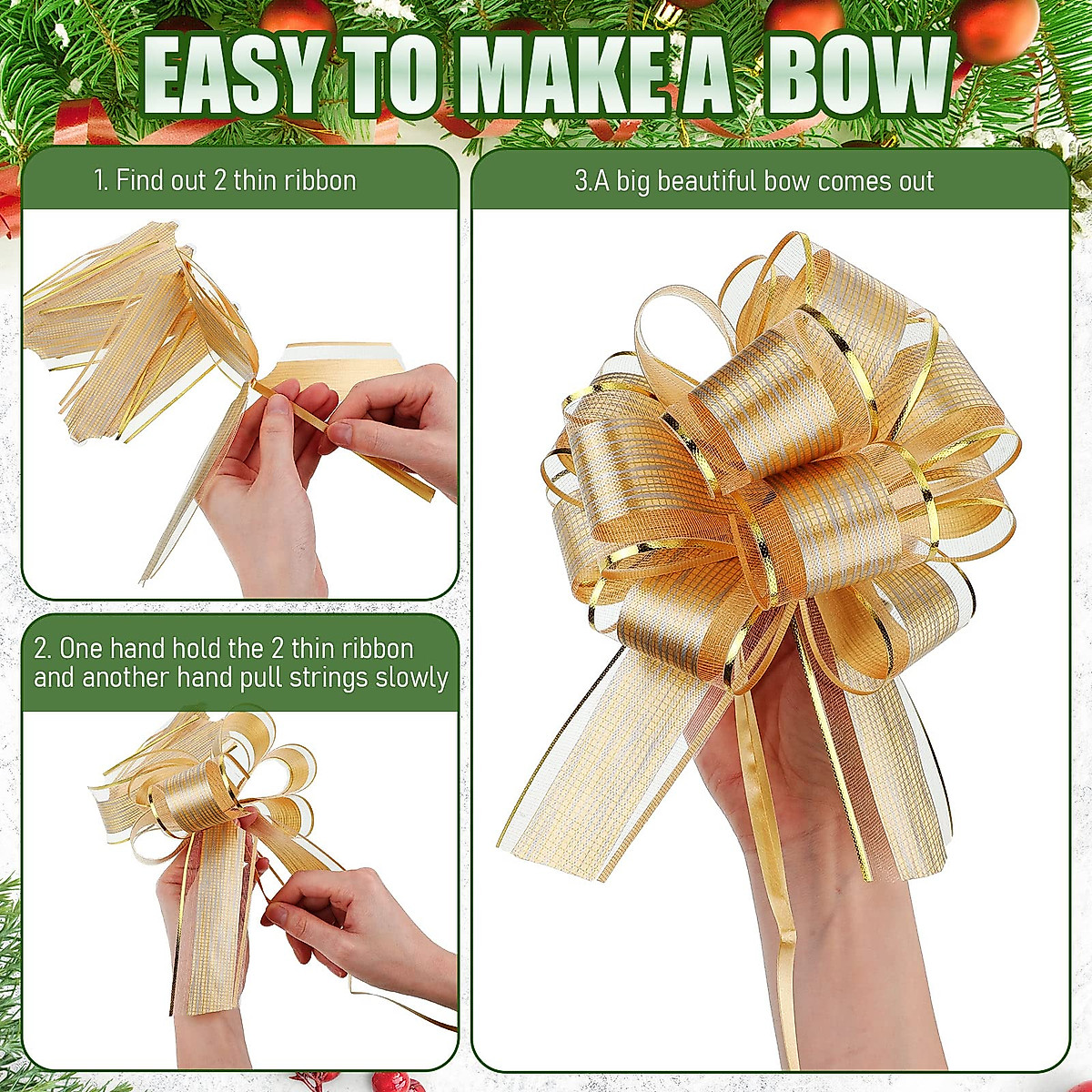 WILLBOND 20 Pieces Pull Bow Gift Wrapping Pull Bow Ribbon Pull Bows for Christmas Wedding Baskets Valentine's Day Bows Multicolor Ribbon Bow for Gift Wrapping (Gold)