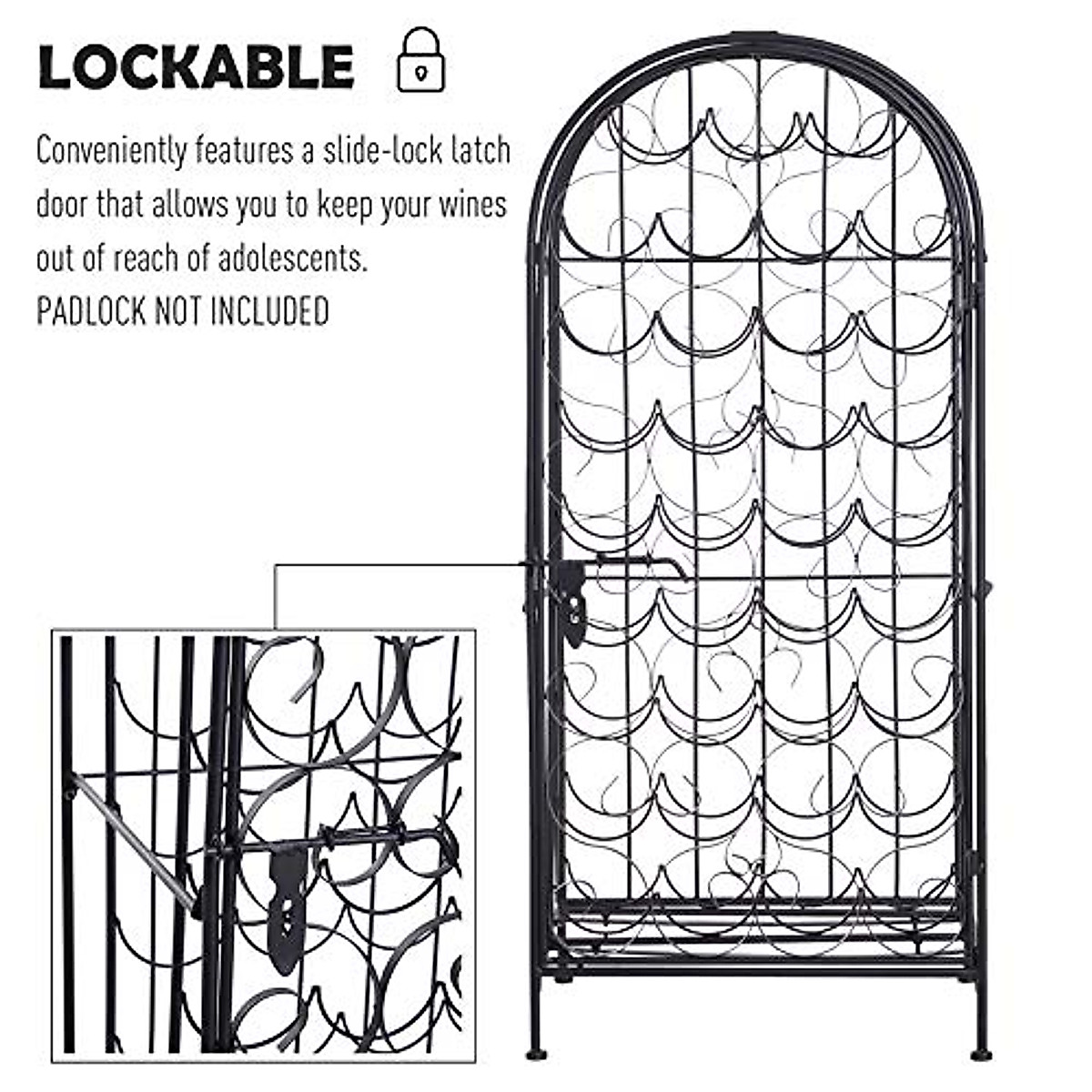 HOMCOM 35 Bottle Wrought Iron Wine Rack Jail with Lock - Black