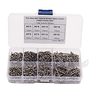Silver M2 Nickel-Plated Carbon Steel Pan Head Self Tapping Screws (800pcs/Set), Assortment Drilling Screws with Storage Case, 4mm 5mm 6mm 8mm 10mm 12mm 16mm 20mm