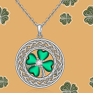 Shamrock Necklace St Patricks Day Four Leaf Clover Necklaces for Women Sterling Silver Celtic Knot Irish Green 4 Leaf Clover Jewelry Pendant Lucky Saint Patricks Gifts