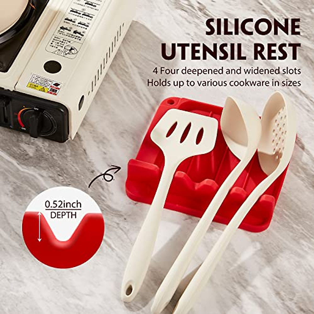 KITEXPERT Silicone Spoon Rest for Stove Top & Kitchen Counter - Non-Slip Utensil Rest with Drip Pad for Ladle, Spatula, Tongs and More Multifunctions - Heat Resistant Cooking Spoon Holder (Red)