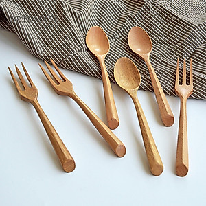 PIKETU Triangular Handle Wooden Spoon Fork Set Dessert Wooden Spoon Wooden Fork Student Portable Spoon Fork