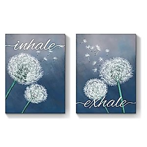 AtGoWac Blue and White Flower Canvas Wall Art Bathroom Decor Pictures Inhale Exhale Quote Prints Spa Room Yoga Decor Dandelion Flower Painting Framed Canvas Print Ready to Hang (12"x16"x2 Panels)