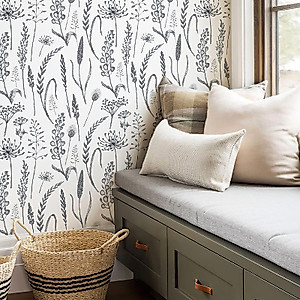 JiffDiff Peel and Stick Wallpaper Black and White Floral Wallpaper Farmhouse Wildwood Wheat Meadow Removable Wallpaper for Bedroom Modern Wallpaper Renter Friendly 118"X17.3"