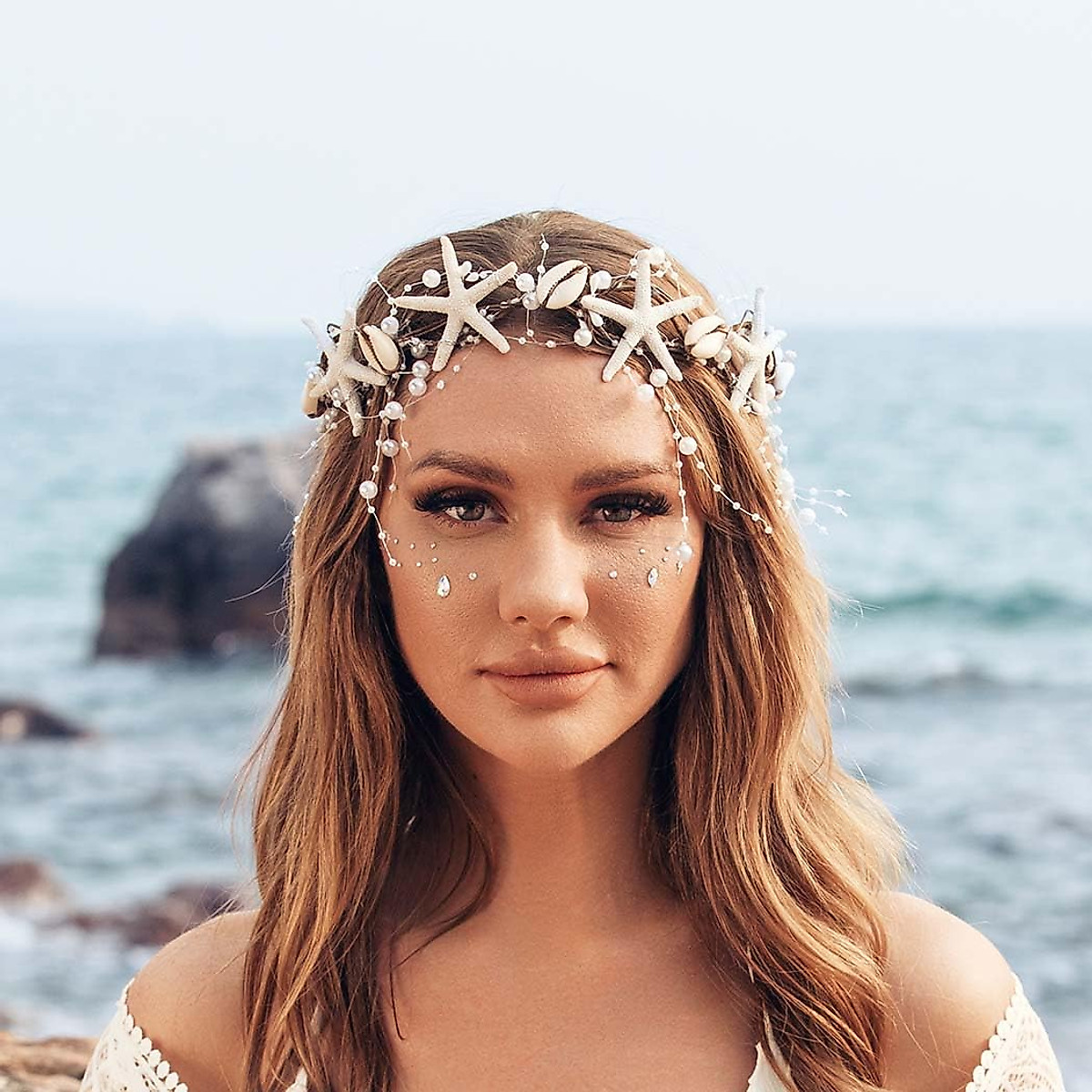 CASDRE Starfish Bride Wedding Headband Brown Pearl Bridal Hair Vine Shell Headpiece Beach Wedding Hair Accessories for Women and Girls