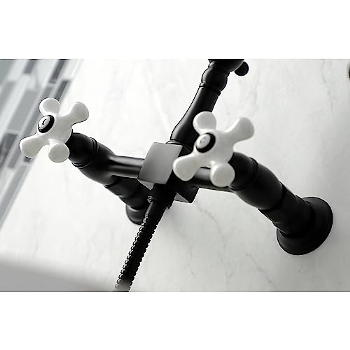 Kingston Brass KS1267PXBS Heritage 8-Inch Centerset Wall Mount Kitchen Faucet with Brass Sprayer, Brushed Brass