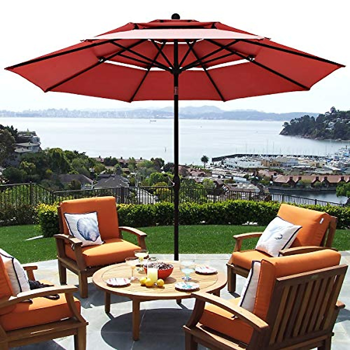Tangkula 10 Ft 3 Tier Patio Umbrella, Outdoor Umbrella W/Double Vented, Market Table Tilt Umbrella with Crank, Outdoor Aluminum Umbrella for Market, Backyard, Pool, Garden (Burgundy)