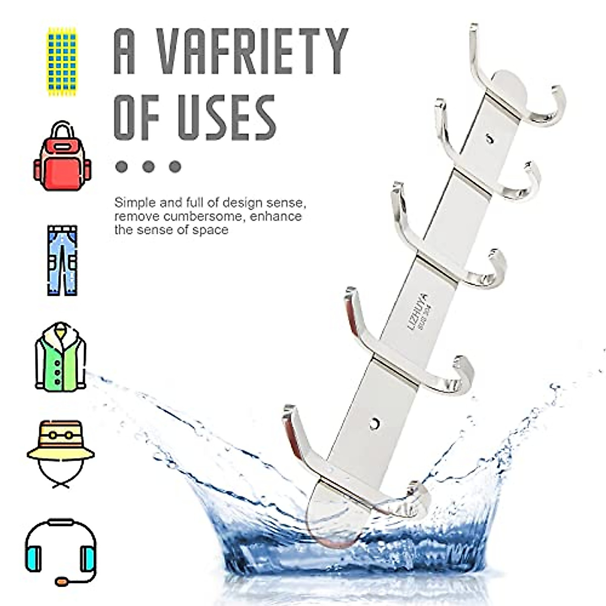 LIZHUYA Coat Hook Wall Mount Adhesive Coat Rack Easy Installation for Bedroom Bathroom Foyer Hallway for Coats Pots Towels Coat Hat Towel Robes Heavy Duty Stainless Steel with 5 Hooks (J-5HOOKS)