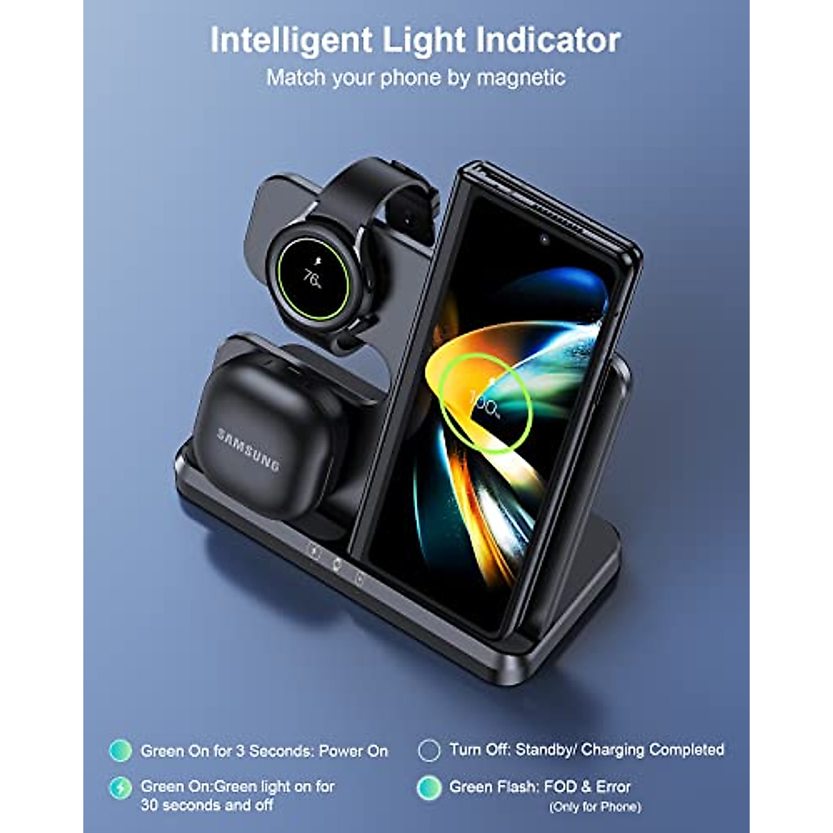 𝟮𝟬𝟮𝟯 𝗡𝗲𝘄 ZUBARR Wireless Charging Station for Samsung and Android Multiple Devices 3 in 1 Fast Charger Dock Stand for Phone Galaxy Z Flip 4/3 Z Fold S22 S20 Ultra, Galaxy Watch 5/4/3, Buds