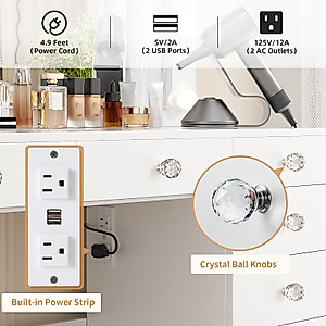 VOWNER Vanity with Lights - 43" Makeup Vanity Desk with Power Outlet, 5 Drawers and 1 Cabinet, 3 Color Lighting Modes with Adjustable Brightness,Makeup Desk with Stool for Women Girls, White