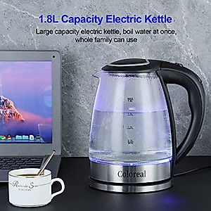 Glass Electric Kettle, 1.8 Liter Tea Kettle With Blue LED Light, 1500W Cordless Portable Water Boiler for Boiling Water, Auto Shut Off And Boil-Dry Protection Glass Teakettle BPA Free