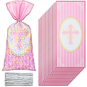 HOTOP 100 Pcs Baptism Cellophane Bags Christian Gift Treat Bag Religious Goodie Candy with 150 Ties First Communion Party Supplies Christening Confirmation Baby Shower Serves for Boy and Girl, Gold