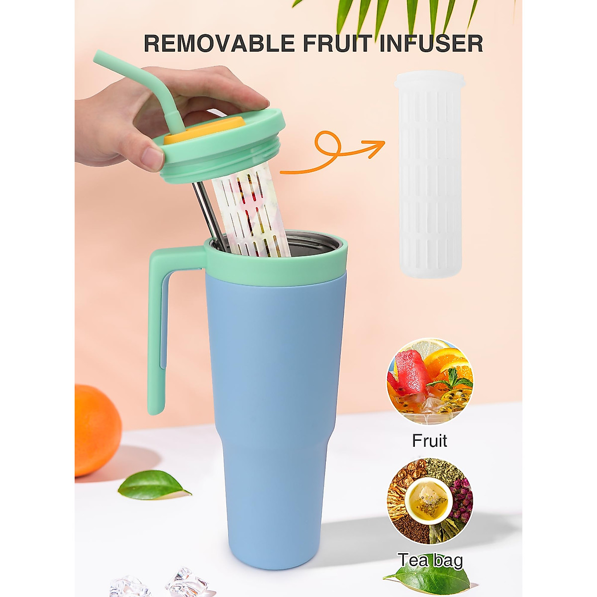 Raki Venus 40 oz Tumbler with Lid and Straw Double-wall Vacuum Water Bottle with Straw Spill Proof Insulated Water Bottle Stainless Steel Cup-holder Friendly Fruit Infusing Bottle Non BPA