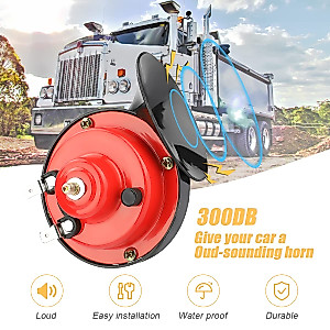 300DB Super Loud Train Horn, 2PCS Car Air Electric Snail Double Horn, 12V Waterproof Air Horns Replacement Kit, Automotive Accessories Universal for Car, Motorcycle, Truck, Bike, Boat (Red)
