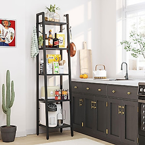 YMYNY 5 Tiers Ladder Bookcase, Industrial Narrow Bookshelf, Open Display Rack with 4 S Hooks, Metal Storage Shelves for Bedroom, Home Office, Living Room, Black, 63H*13.4L*11.8W, UHBC025B