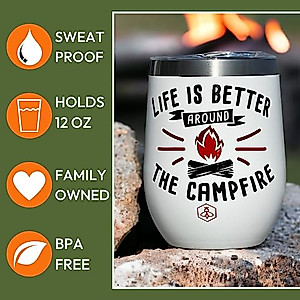 Funny Stainless Steel Stemless Wine Tumbler - 12 oz. Double Wall Vacuum Insulated Travel Glass with Lid - Great Christmas & Birthday Gifts for Best Friend, Sister, & Women (Campfire)