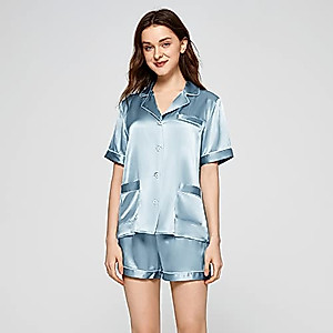 SESILK 100% Mulberry Silk Pajamas Mulberry Silk Sleepwear Short Sleeve Nightgown Silk Nightwear Set with Silk Shorts Silk Home Real Silk Smooth Box Packaging HazeBlue L