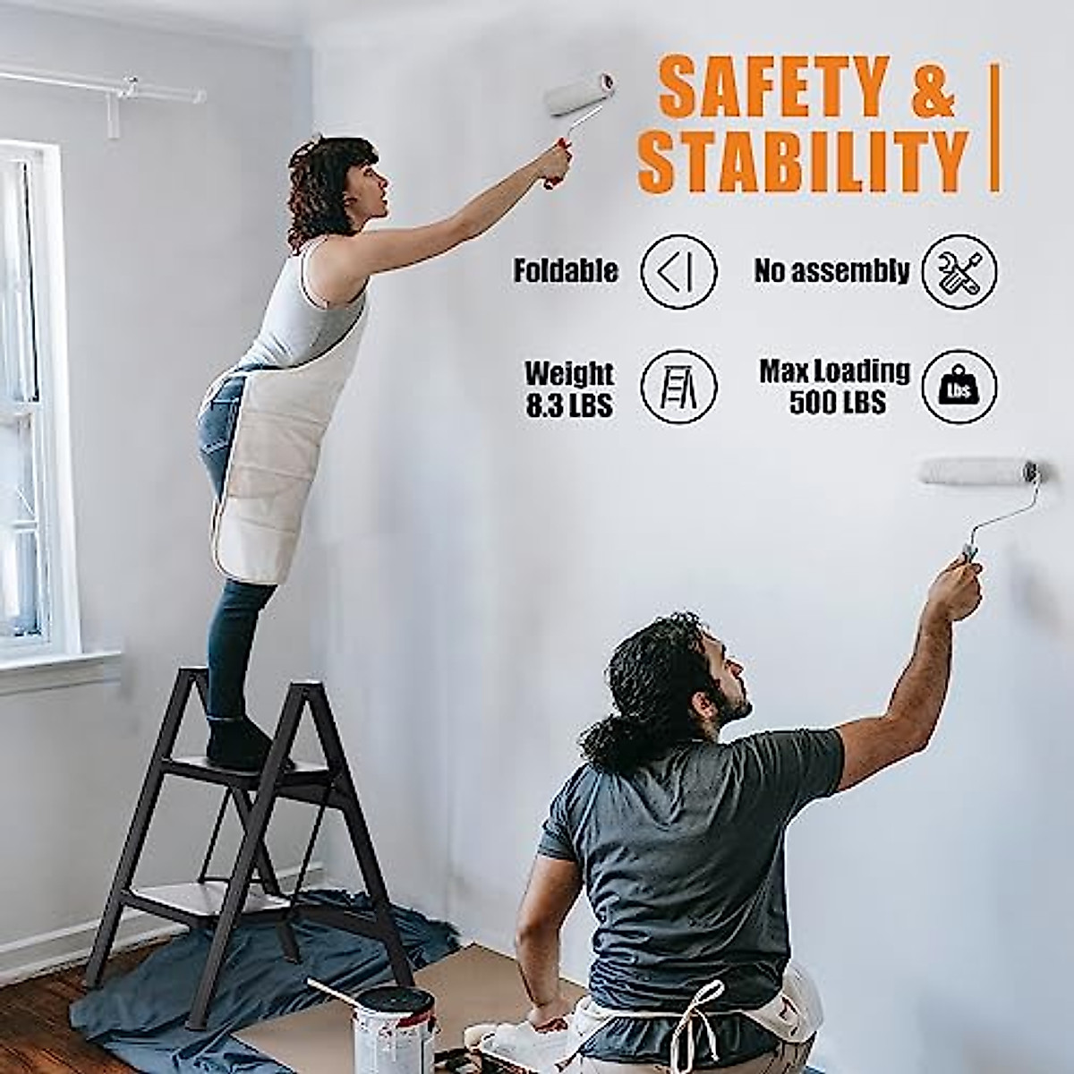 Step Ladder EFFIELER 2 Step Ladder 2 Step Stool Folding Step Stool with Handrails, Sturdy Step Stool for Adult, 500LBS Capacity Sturdy& Portable Ladder for Home Kitchen Library Office