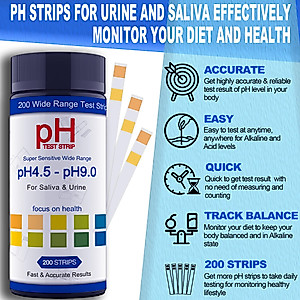 PH Test Strips for Urine & Saliva - 200ct Urine PH Test Strips for Humans, Fast & Accurately Track & Monitor Your pH Level (4.5-9.0ppm) in Seconds, Quick & Easy to Test Alkaline & Acid Levels in Body