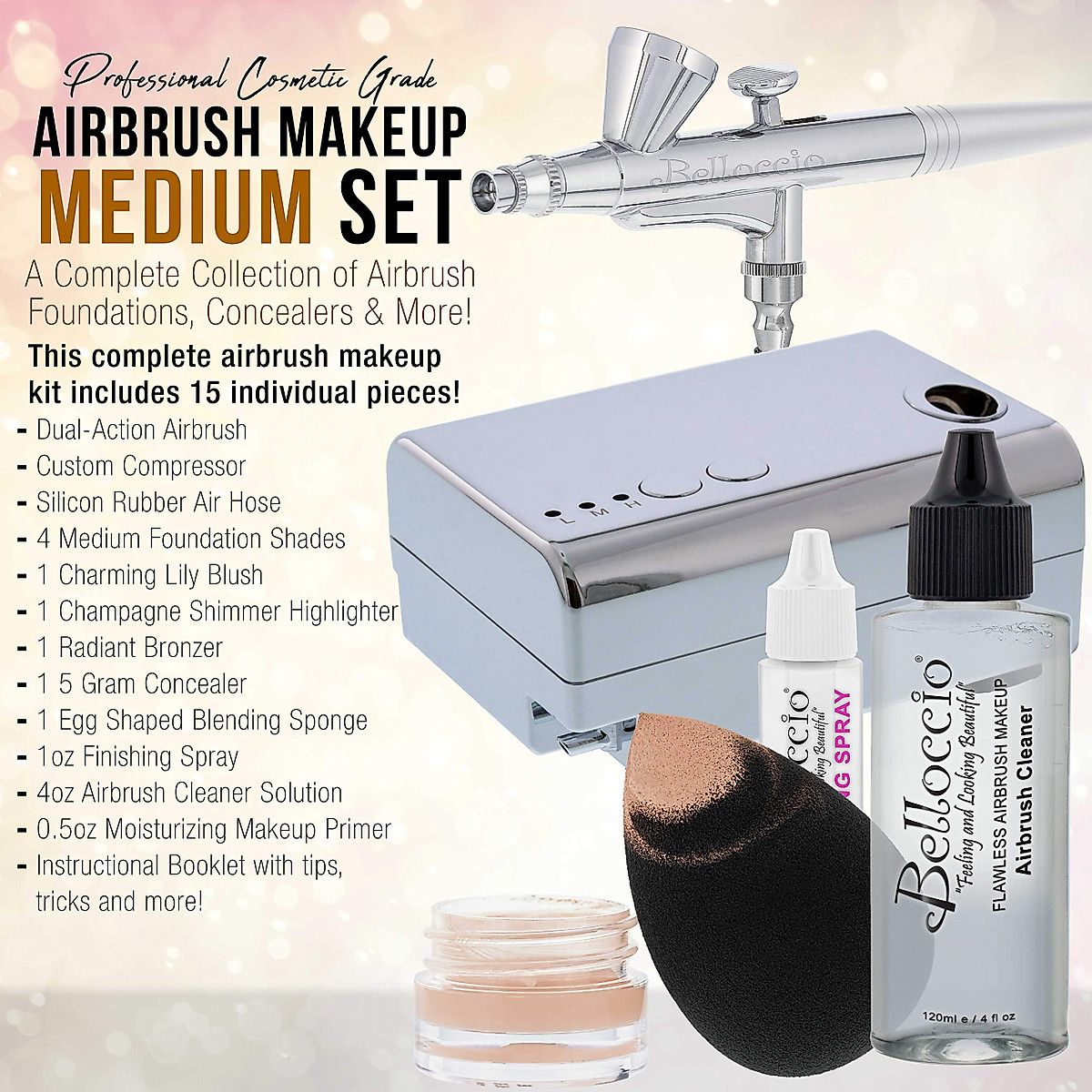 Belloccio Professional Beauty Airbrush Cosmetic Makeup System with 4 Medium Shades of Foundation in 1/4 Ounce Bottles - Kit Includes Blush, Bronzer and Highlighters