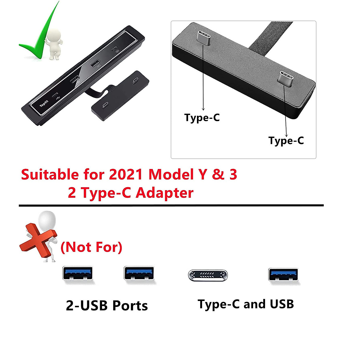 2023-2021 Tesla Model Y Model 3 Docking Station 4 in 1 USB Hub Center Console Adapter Cable Charger Powered Splitter Extension Accessories