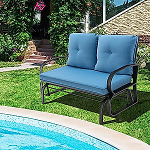 Tangkula 2-Person Outdoor Glider Bench, Swing Seat Bench with Seat & Back Cushions, Sturdy Rustproof Steel Frame, Smooth & Gentle Gliding Motion, Patio Rocking Loveseat for Backyard, Porch (Blue)
