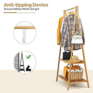 GOFLAME Bamboo Garment Rack, Freestanding Clothing Rack with Hanging Rod and 2 Storage Shelves, Heavy Duty Clothes Rack with Anti-tipping Devices, Natural