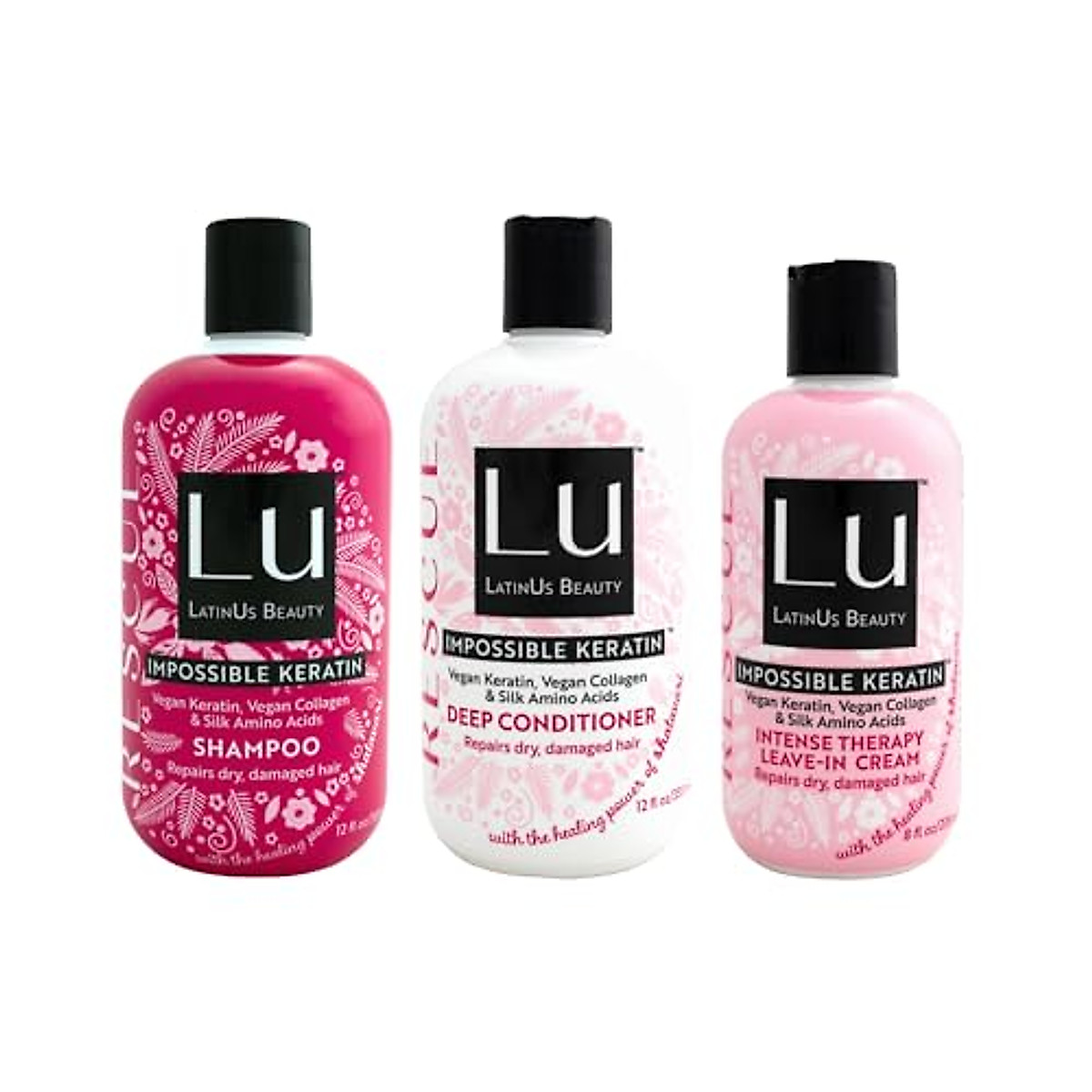 LATINUS BEAUTY RESCUE Collection, Impossible Keratin Anti-Frizz Shampoo (12 oz) + Conditioner (12 oz) + Leave-In Cream (8 oz) for Dry, Damaged Hair