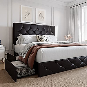 SHA CERLIN Upholstered King Platform Storage Bed Frame with 4 Drawers, Adjustable Headboard with Faux Leather Diamond Button Tufted Design, Wooden Slat Support, No Box Spring Needed, Black Brown