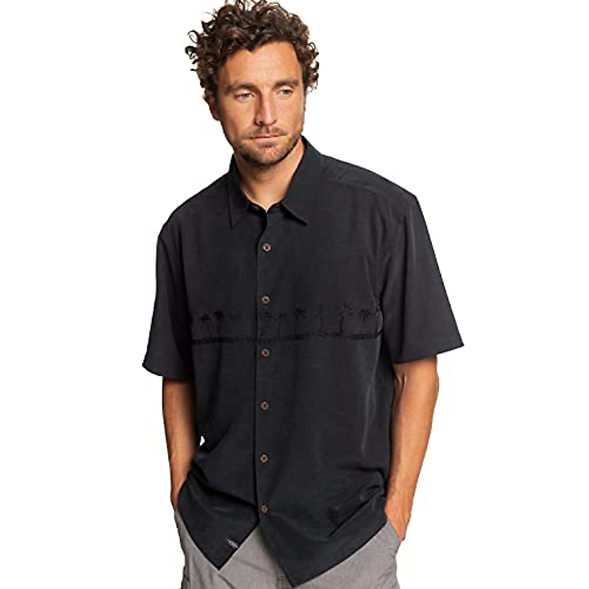 Quiksilver Waterman Men's Tahiti Palms 4 Button Up Floral Collared Shirt, Black, XL