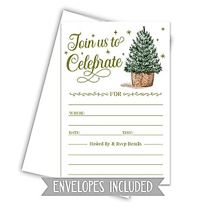 Christmas Invitations - Watercolor Tree - Holiday Party Invitations With Envelopes (20 Count) - Winter Celebration Invites