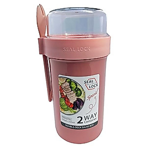 BSOV 2 in 1 Salad To Go Container Lid & Cereal Oats Yogurt Take Out Container with Fork & Dressing Pod, On the Go Portable Food Meal Prep Storage for Lunch and Jar, 3 Compartments (Pink)