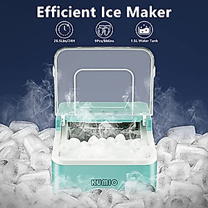 KUMIO Ice Makers Countertop, 9 Bullet Ice Ready in 6-8 Mins, 26.5 lbs/24 hrs, Self-Cleaning Ice Maker, Portable Ice Machine with Ice Scoop & Basket, Blue