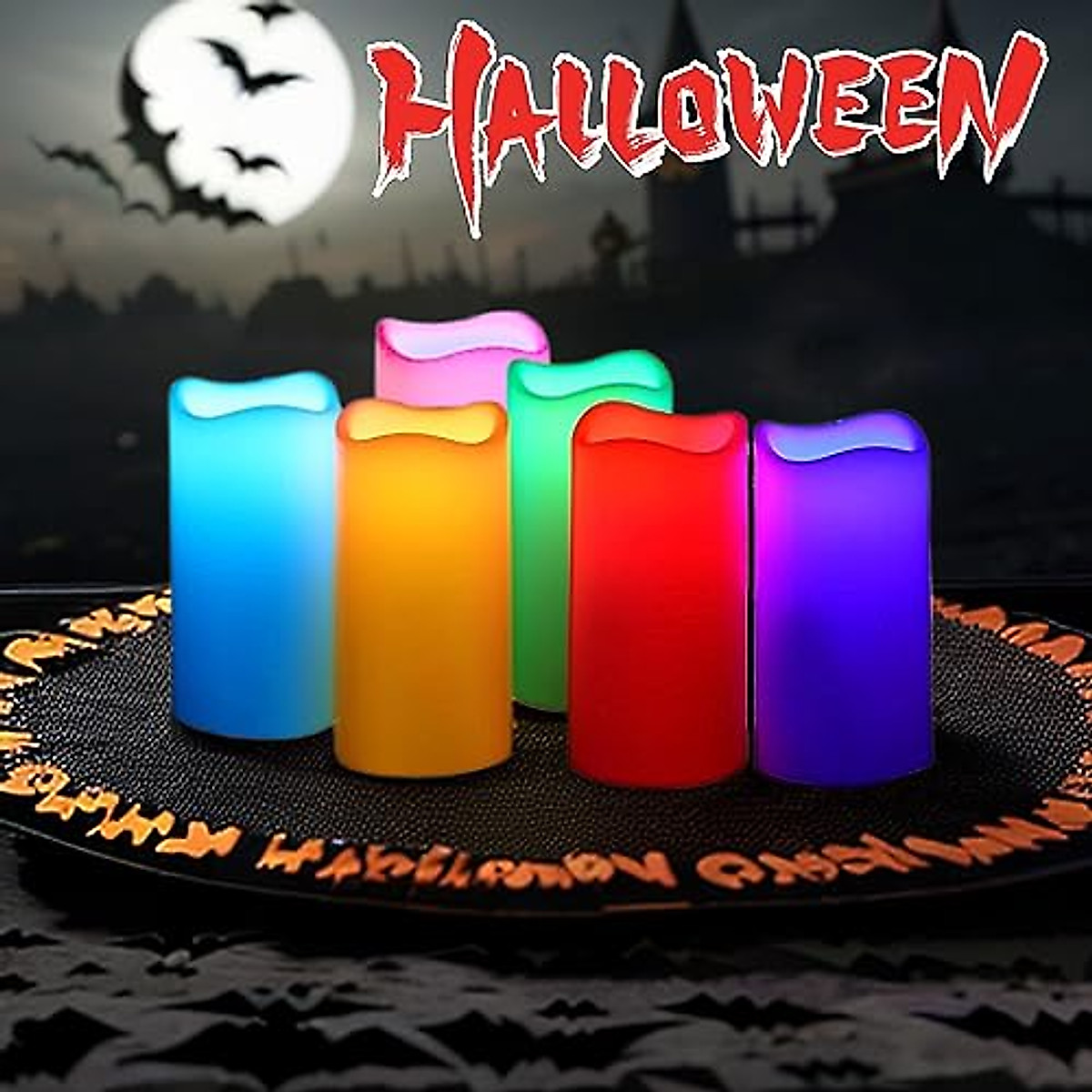 salipt LED Multi Colored Flameless Candles, LED Flickering Candles Set of 6 (H 6" xD 3") Battery Operated Candles,Waterproof Flameless Candles, Resin Plastic, Indoor Outdoor Use for Gifts Halloween