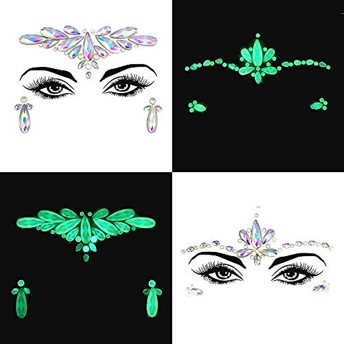 Le Fu Li 8 Sets Noctilucent Face Gems Luminous Temporary Tattoo Stickers Acrylic Crystal Glitter Stickers Waterproof Face Jewels Rainbow Tears Rhinestone for Party, Rave Festival