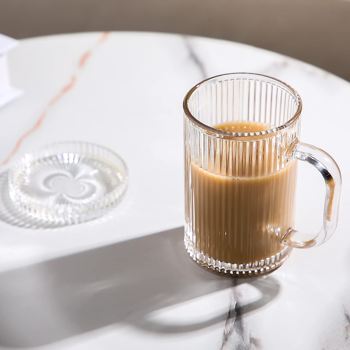 2 Pieces Clear Glass Coffee Mugs with Glass Lids Vintage Vertical Stripes Tea Mug Classic Ribbed Glasses with Handles Clear Coffee Cups for Espresso Latte Anniversary Xmas 14 oz (Clear)